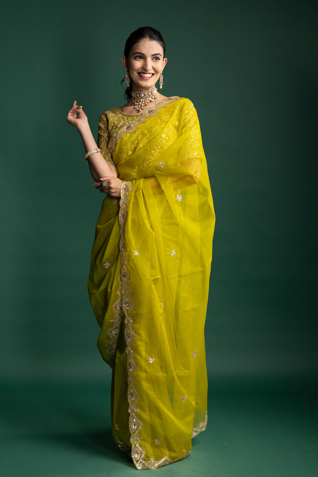 Citrus Gold Organza Saree with Handcrafted Gilded Embroidery – Snusha